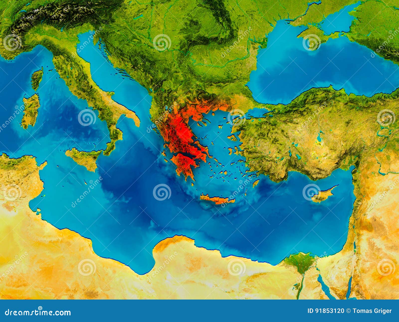 Greece on physical map stock illustration. Illustration of detailed ...