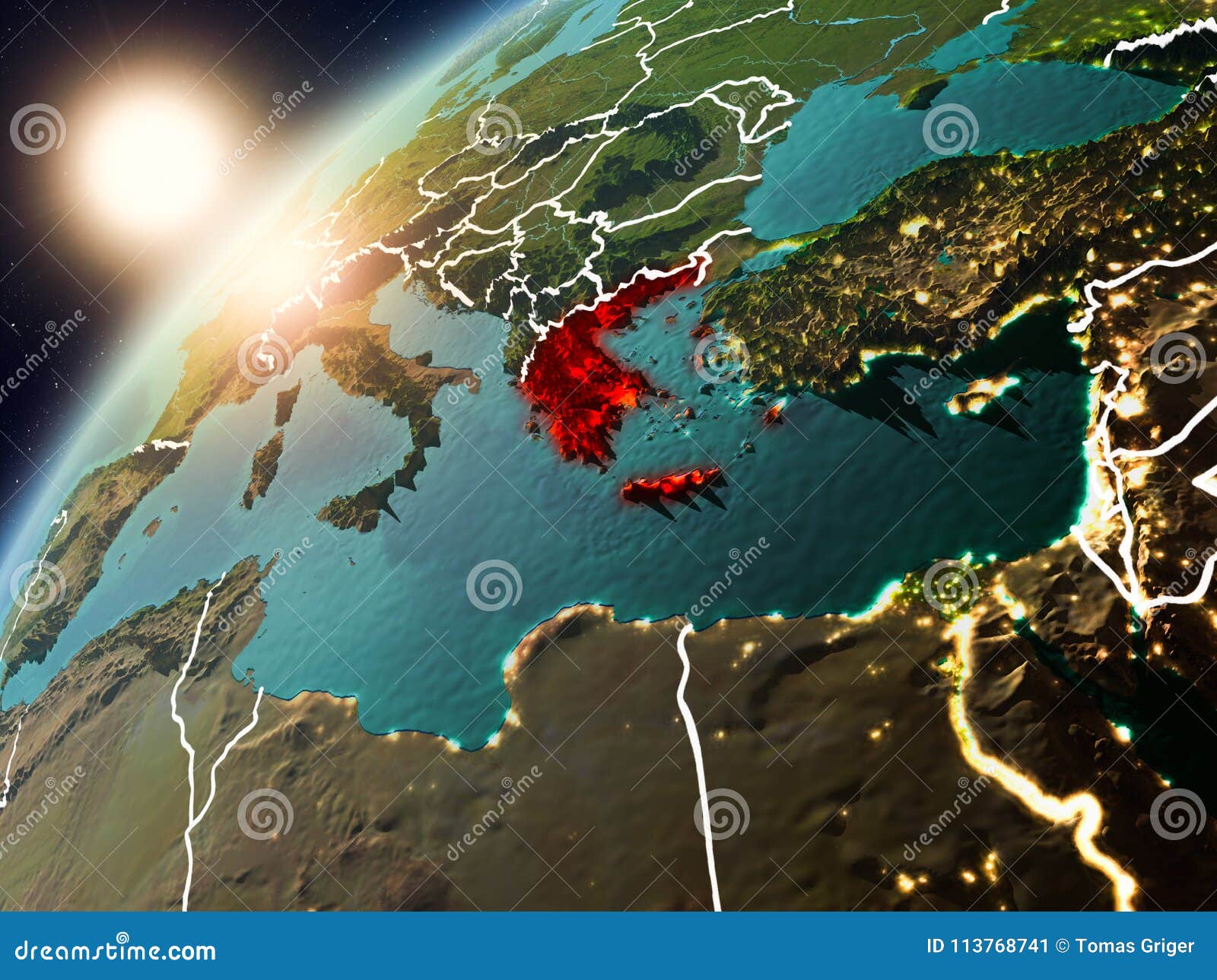 Greece on Planet Earth in Sunset Stock Illustration - Illustration of ...