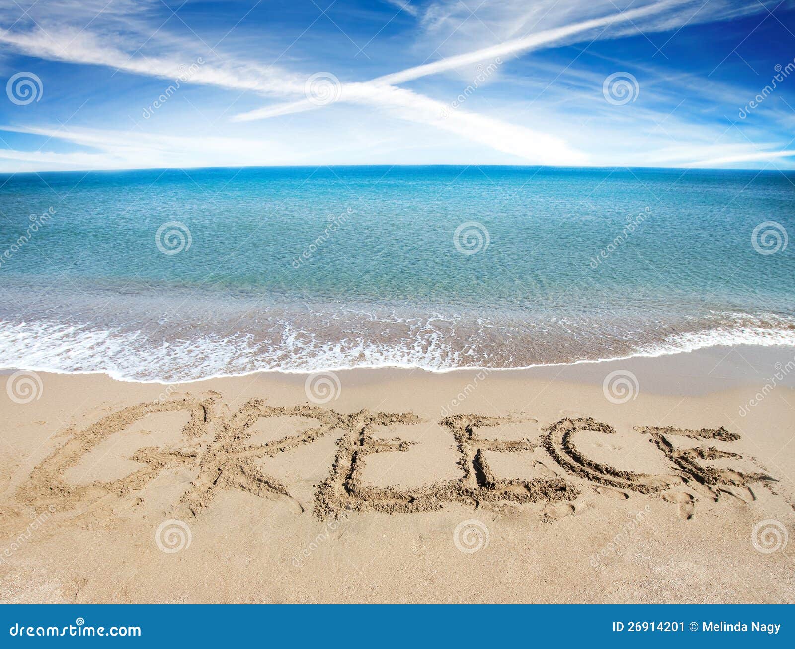 Greece Written in Golden Sand Stock Image - Image of cloud, peace: 26914201