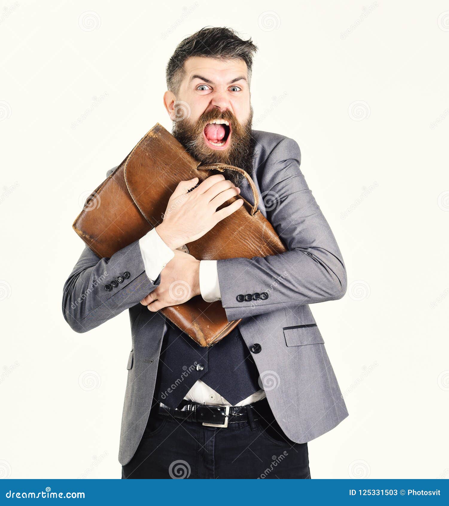 Greedy Face Concept. Man Screams and Hugs His Briefcase with Greedy ...