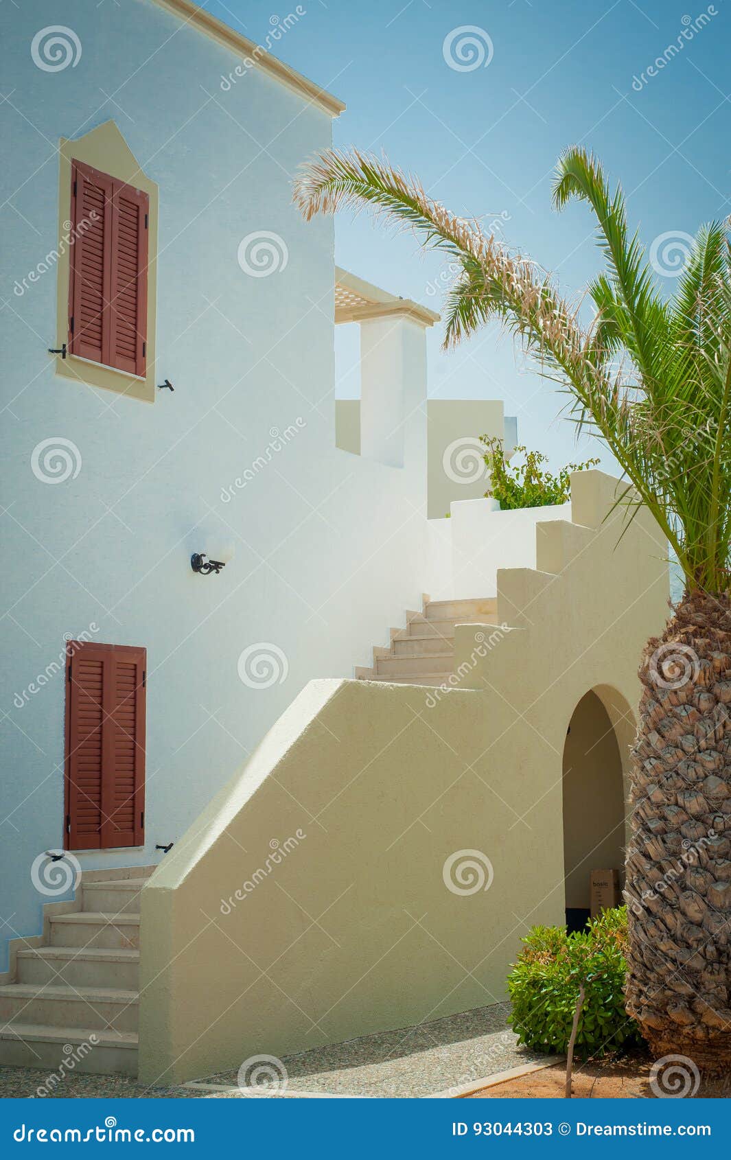 Greek Architecture - White Buildings, Sea and Blue Windows, Tree Stock ...