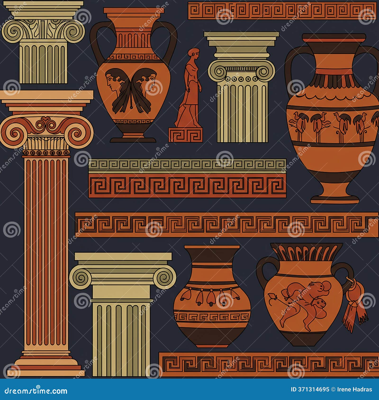 Greek Art Elements Featuring Classical Columns And Pottery. Corinthian ...