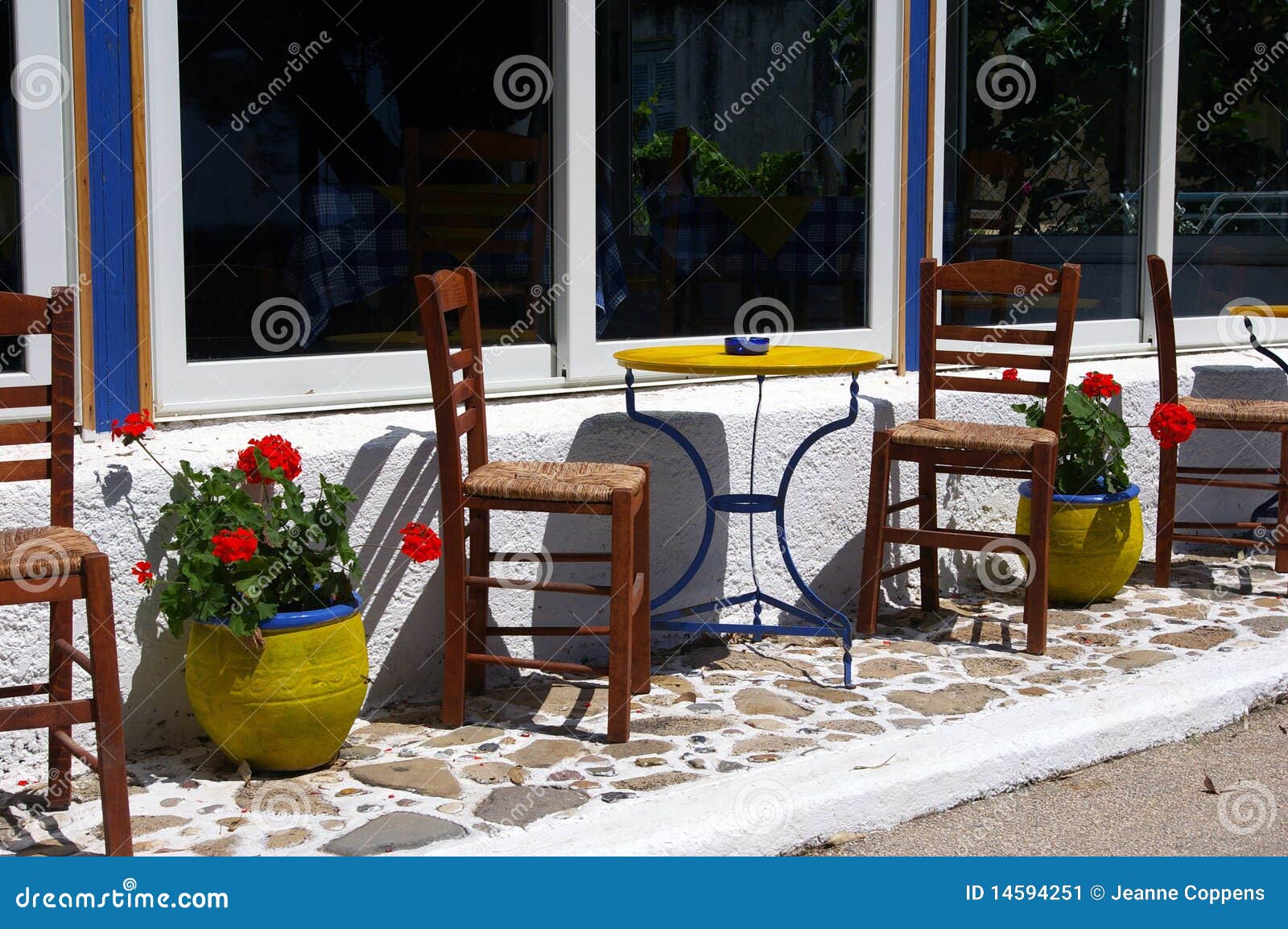 Greek cafe terrace. stock image. Image of flowers, floor - 14594251