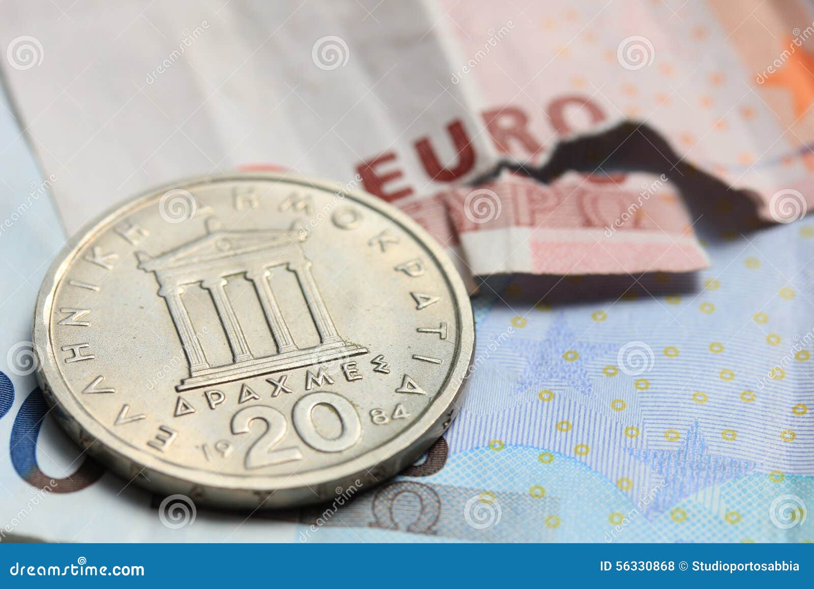 Greek coins on euro notes stock photo. Image of grexit - 56330868