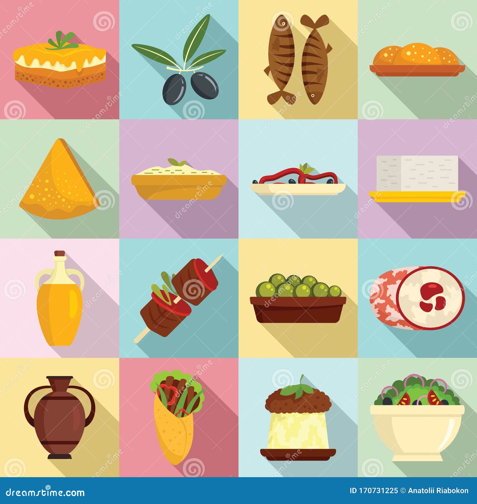 Greek Cuisine Icons Set, Flat Style Stock Vector - Illustration of flat ...