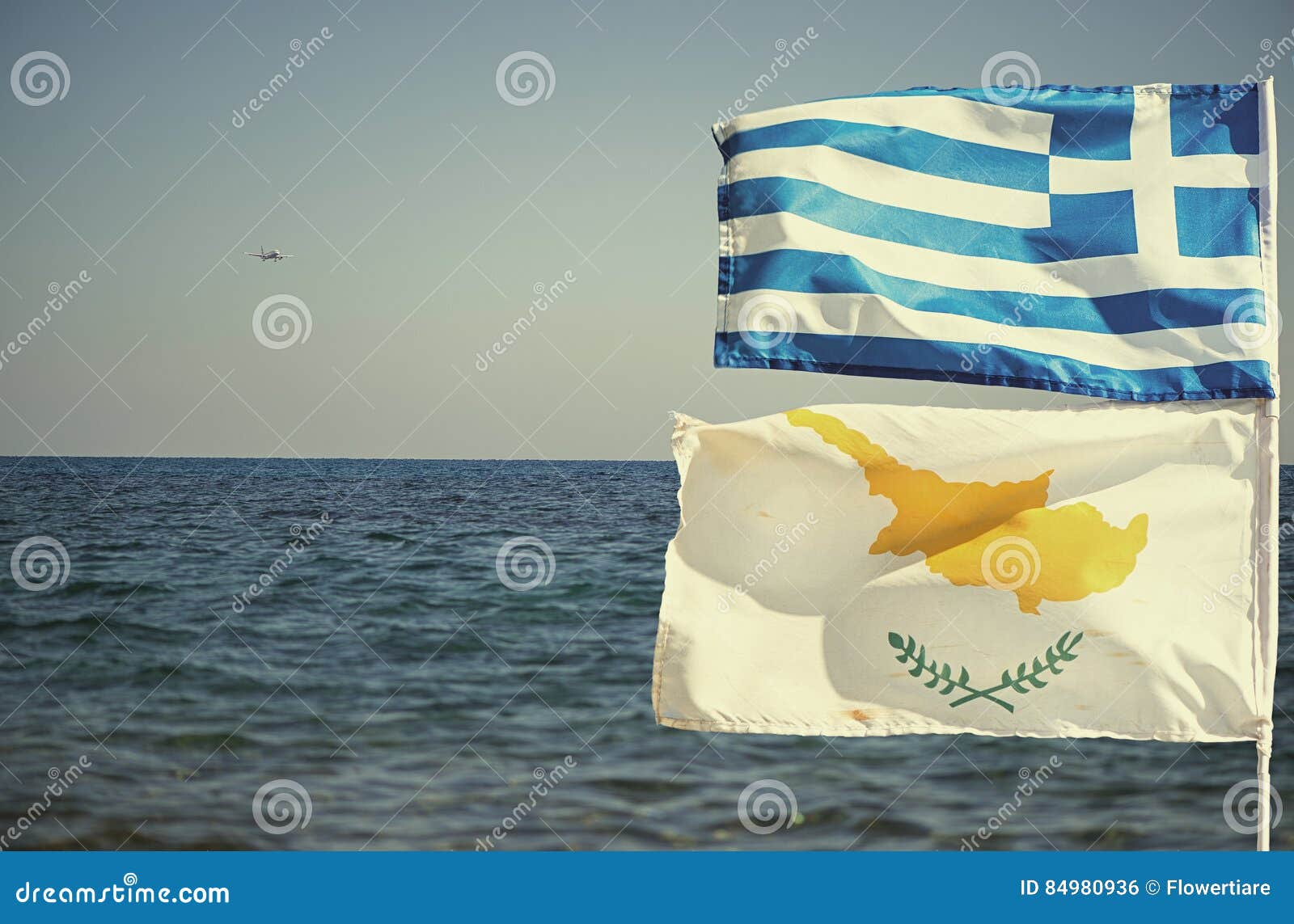 Greek and Cypriot Flags on the Background of the Sea Stock Photo ...