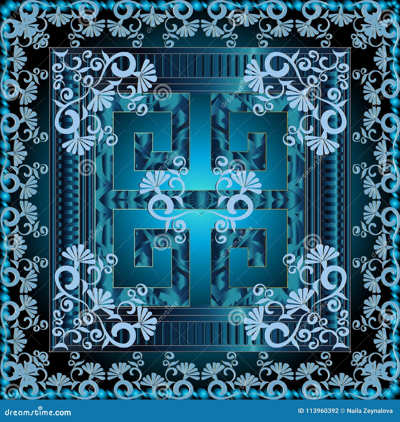 Greek 3d Square Panel Pattern. Floral Blue Shiny Vector Backgr Stock ...