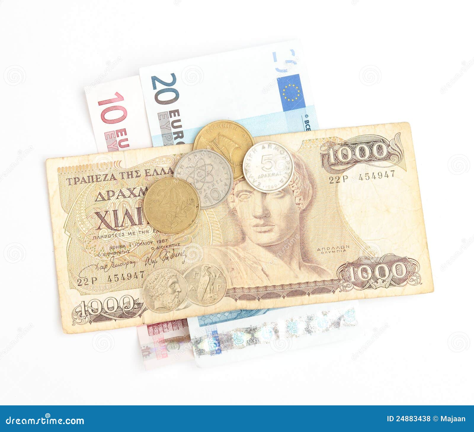 Greek Drachma and Coins and Euro Banknotes Stock Photo - Image of coin ...