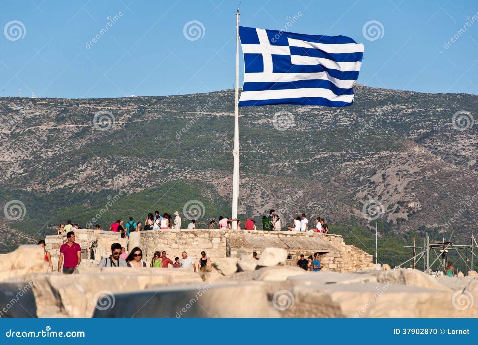 Greek Flag on Acropolis of Athens on August 1, 2013. Greece. Editorial ...