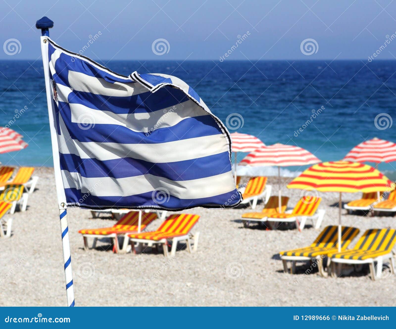 Greek flag on the beach stock photo. Image of bench, sand - 12989666