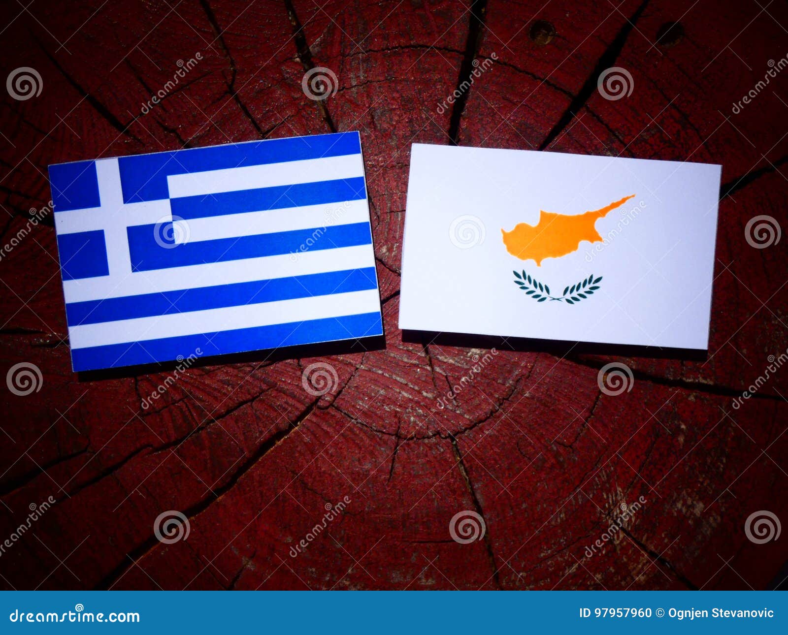 Greek Flag with Cypriot Flag on a Tree Stump Isolated Stock Photo ...