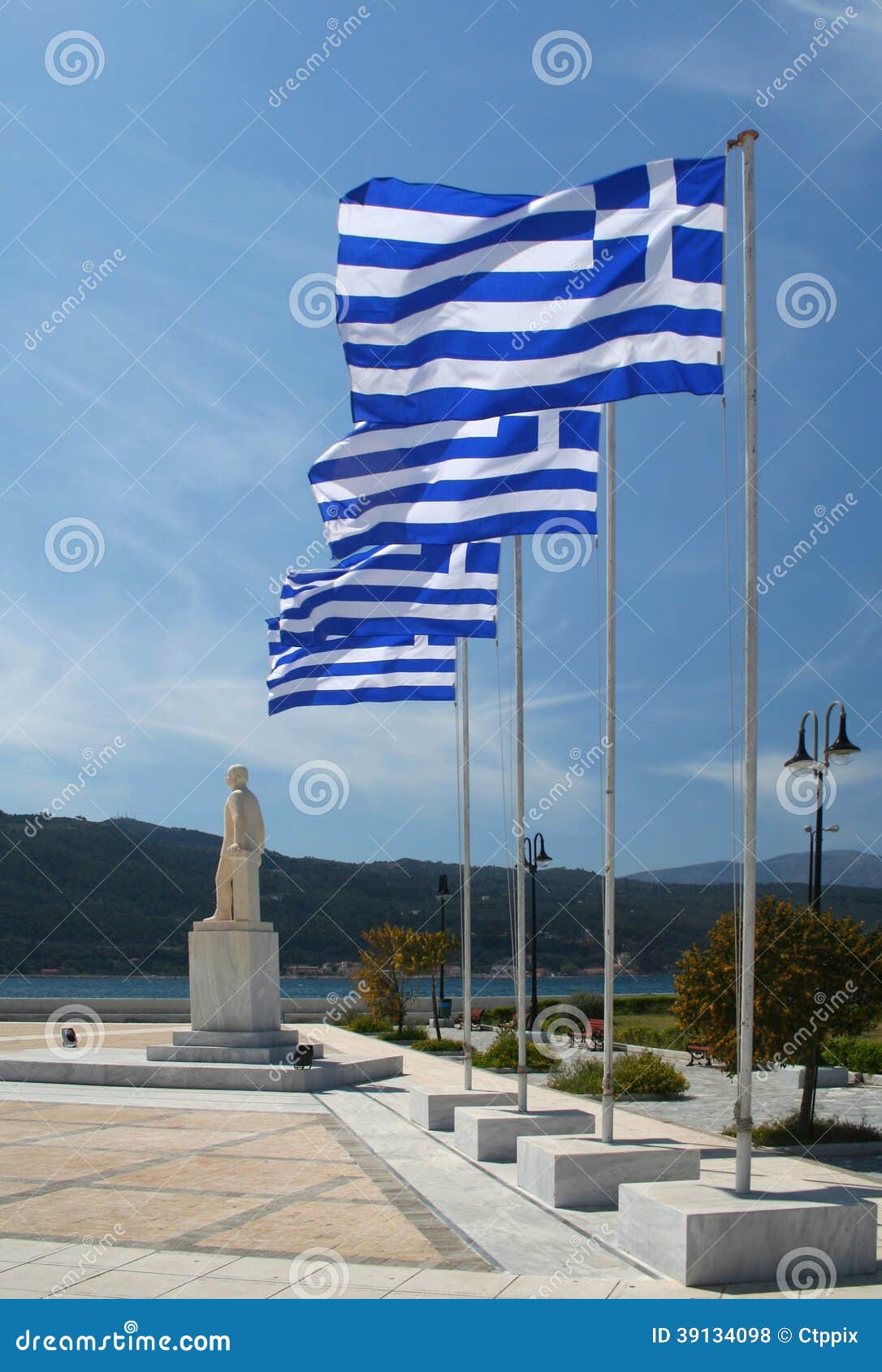 Greek Flags on Flagpoles Waving with Blue Sky Stock Photo - Image of ...