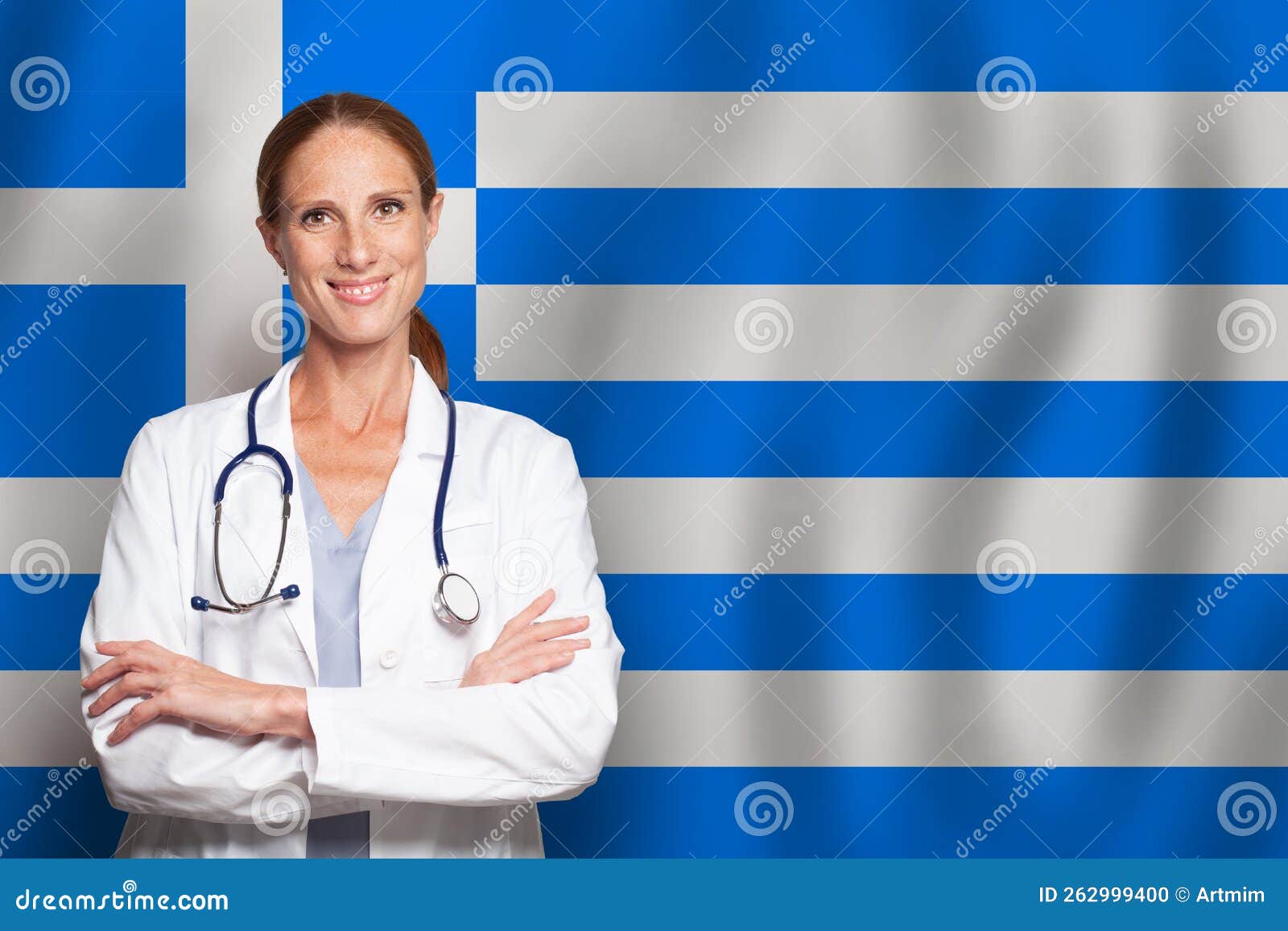 Greek General Practitioner Doctor on the Flag of Greece Stock Photo ...