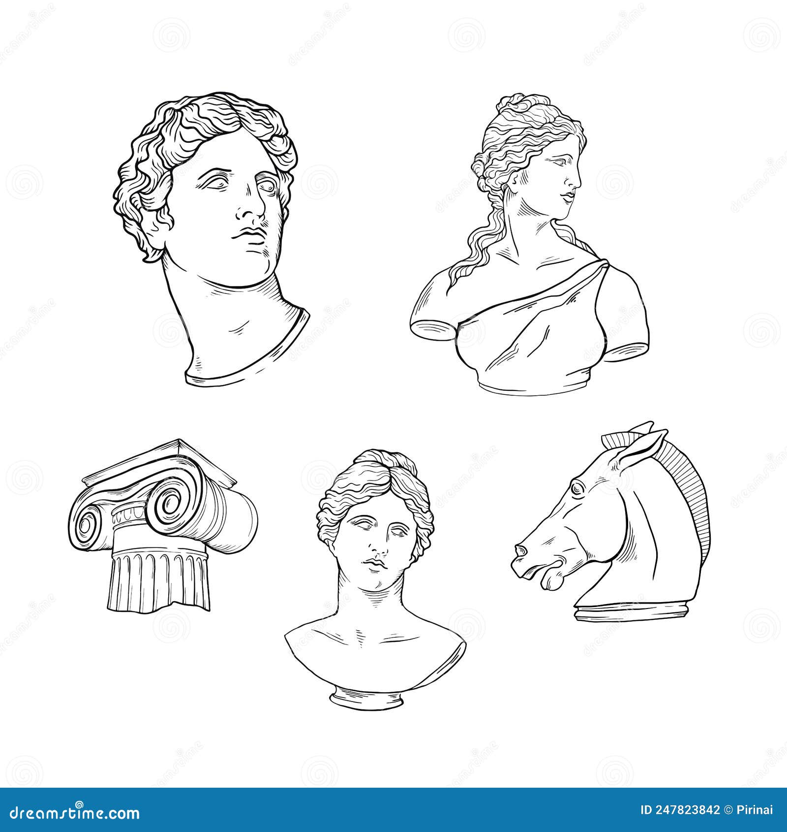 Greek Gods Antique Statue, Ancient Sculpture Line Art Set. Vector ... Greek Gods Antique Statue, Ancient Sculpture Line Art Set. Vector ...