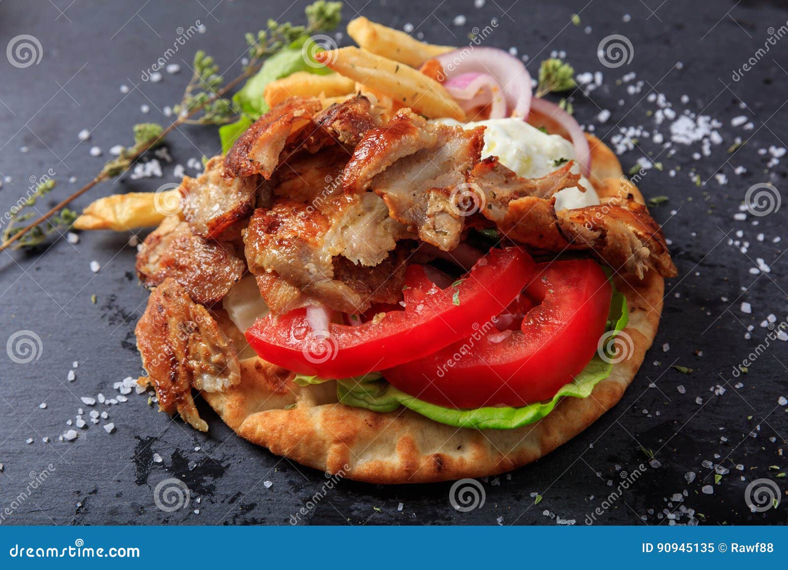 Greek Gyros Dish on a Black Dish Stock Image - Image of pita, greece ...