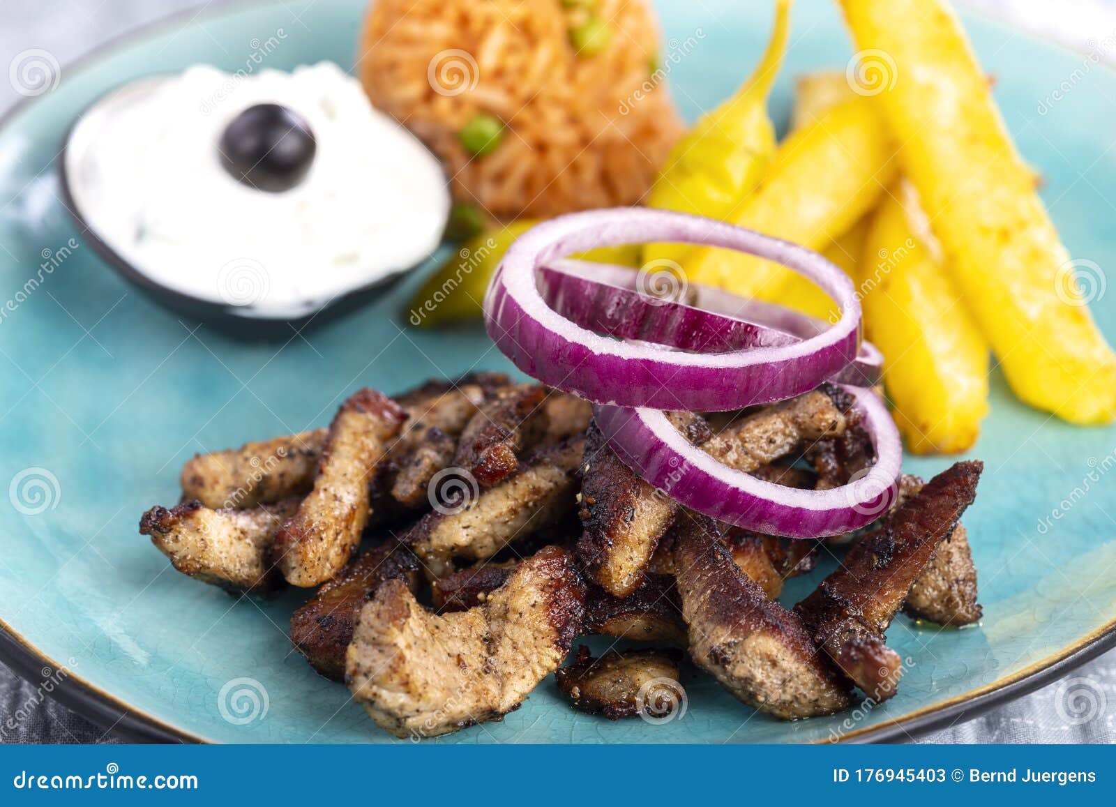 Greek gyros on a plate stock image. Image of grill, meat - 176945403