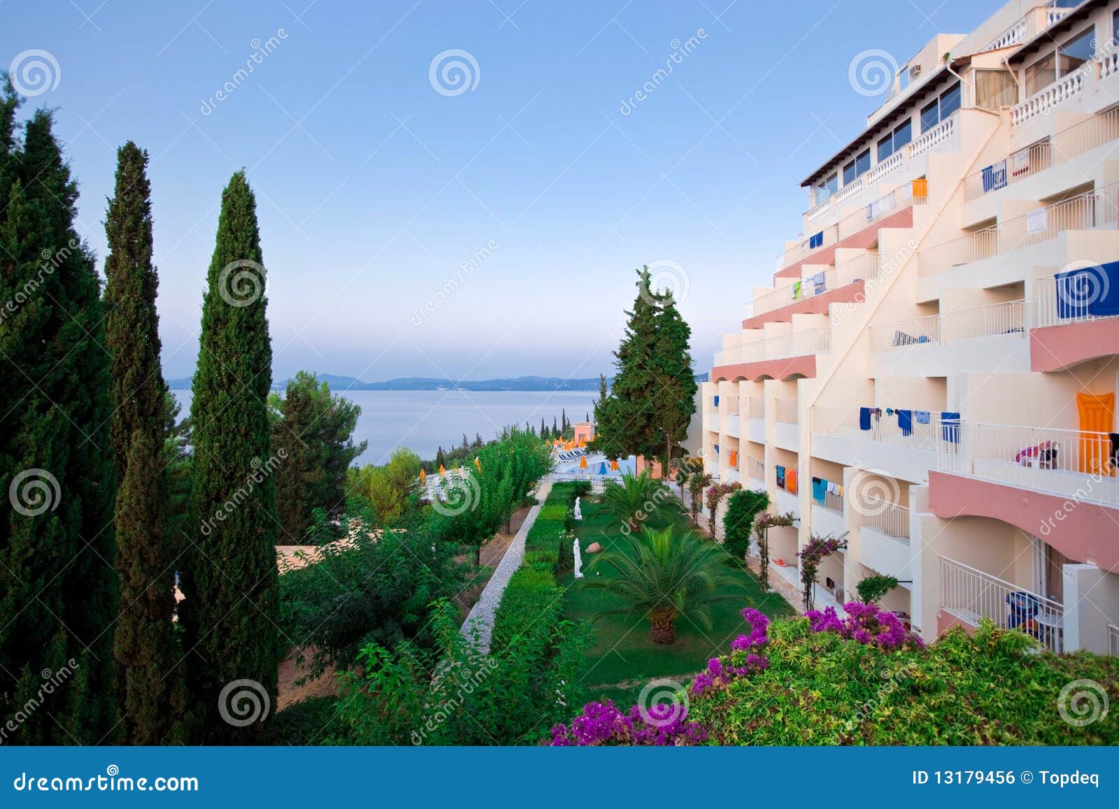 Greek hotel at morning stock photo. Image of holiday - 13179456