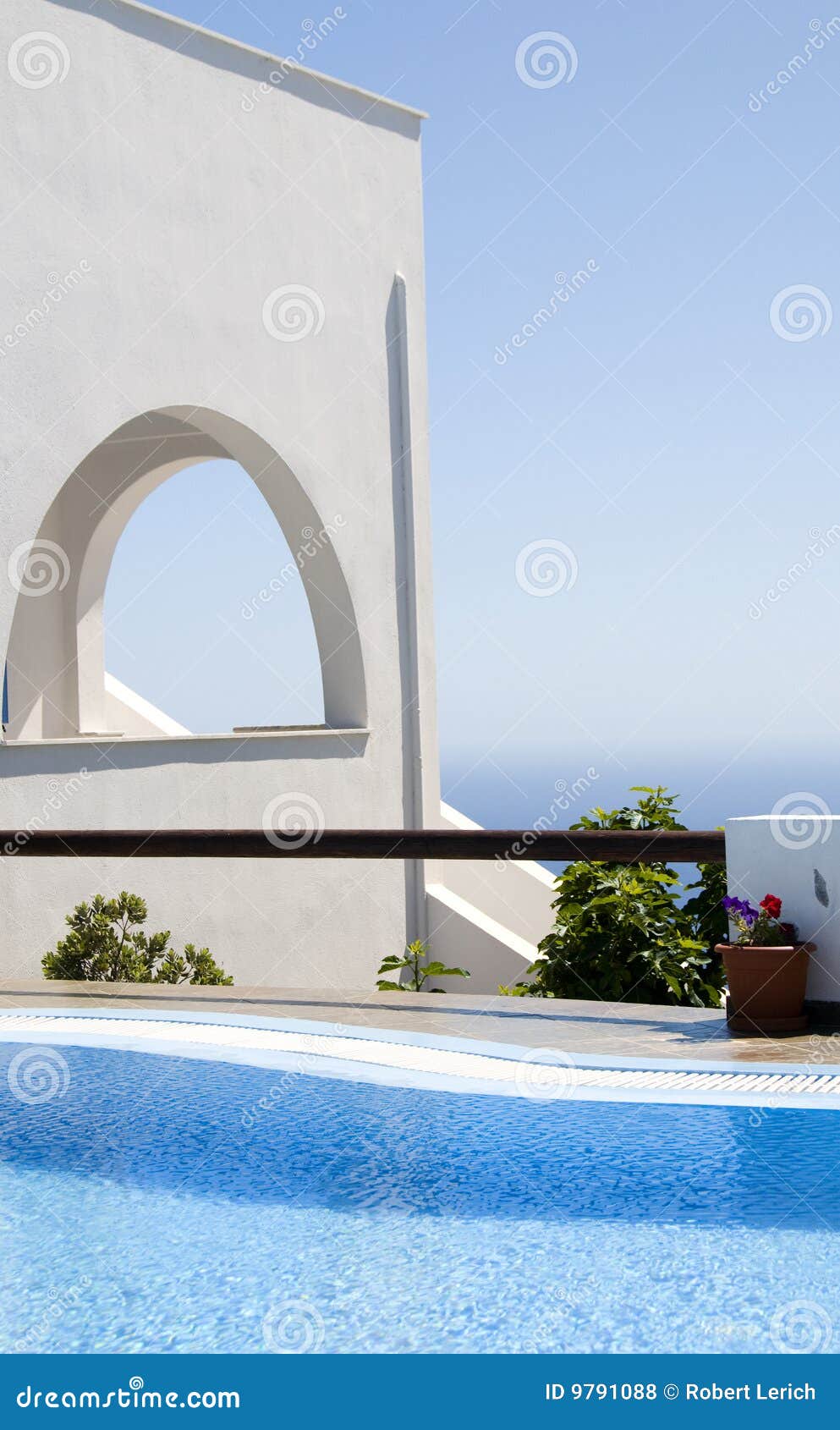 Greek Island Architecture with Pool and Sea View Stock Photo - Image of ...