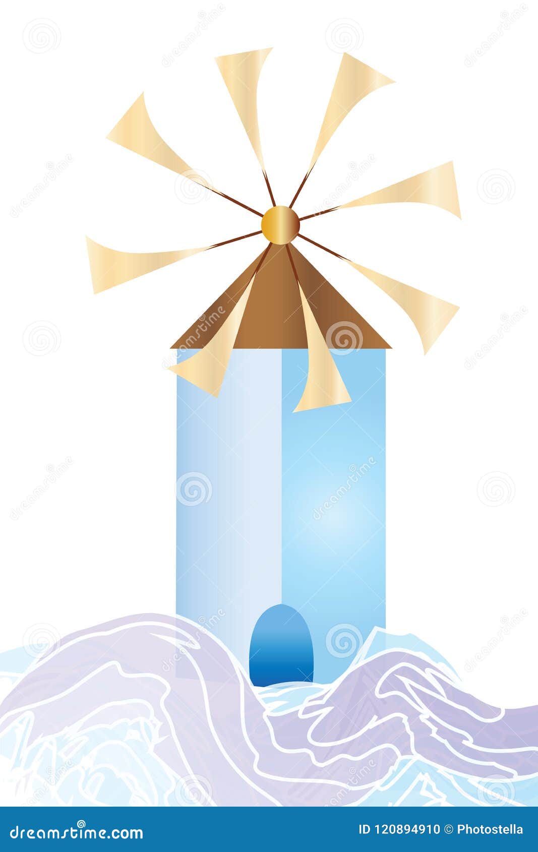 Greek Island Windmill Vector with Sea Waves Stock Vector - Illustration ...