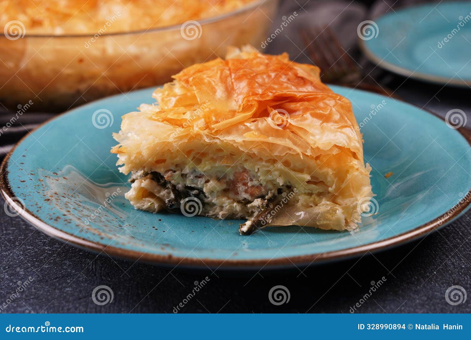 Greek Pie with Spinach and Salmon in Fillo Dough Stock Photo - Image of ...