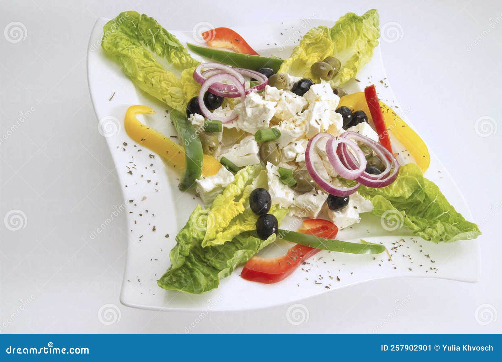 Greek Salad with Cheese on Palte, Top View. Stock Image - Image of ...