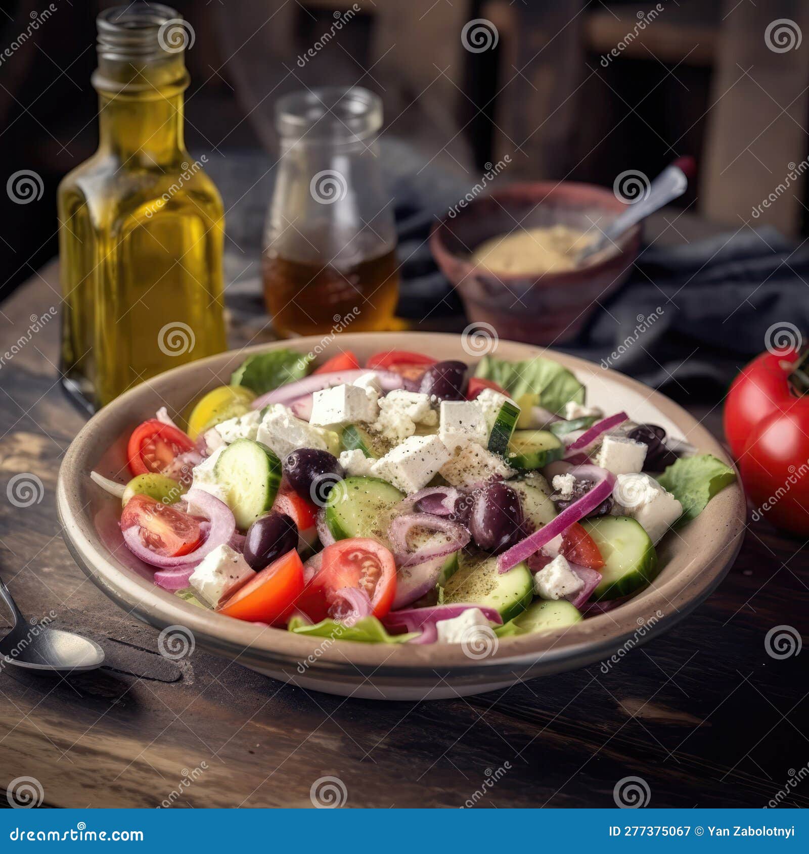 Greek Salad on Stone in Rustic Pub. Generative AI Stock Illustration ...