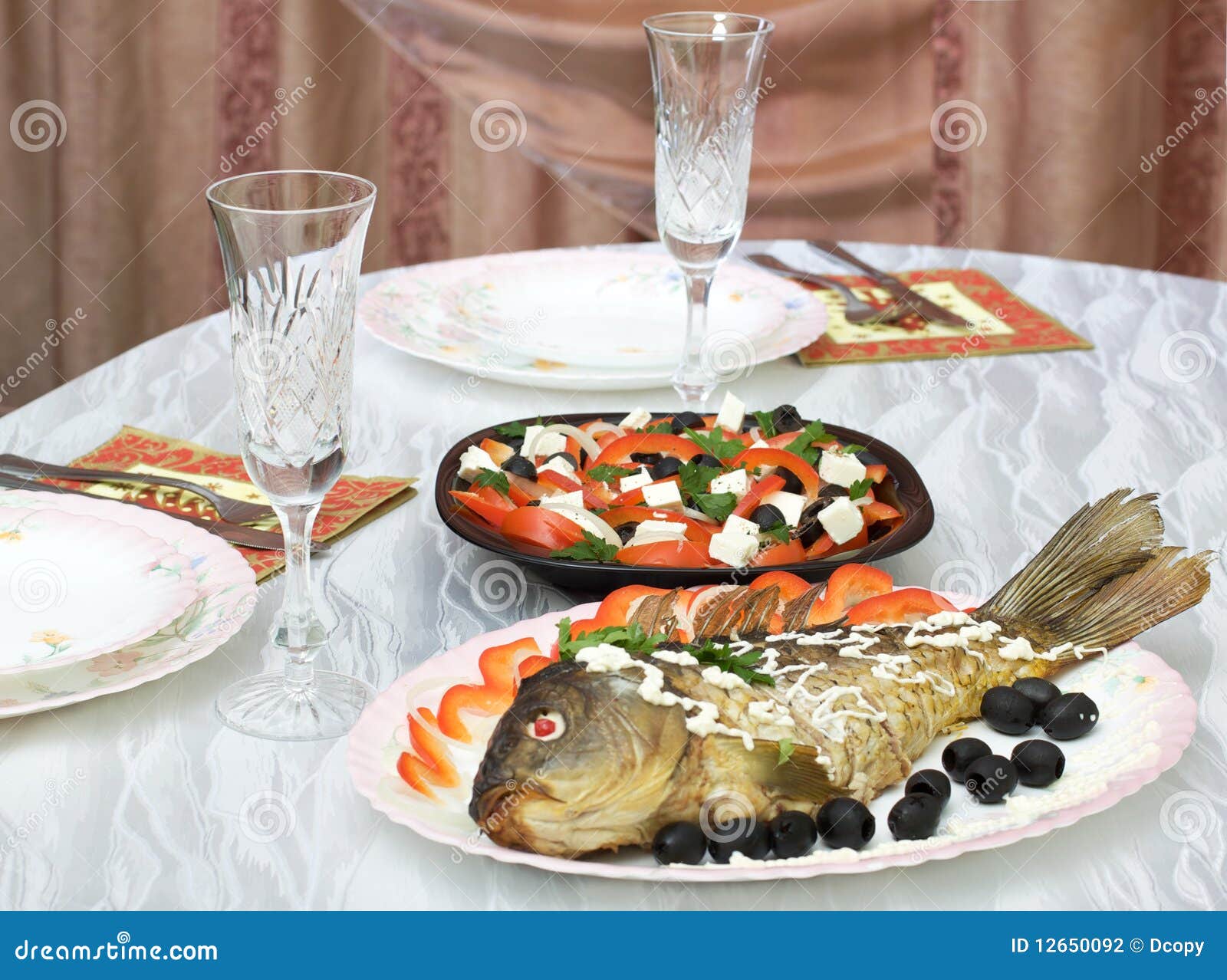 Greek Salad and Stuffed Fish Stock Photo - Image of vegetables, fork ...