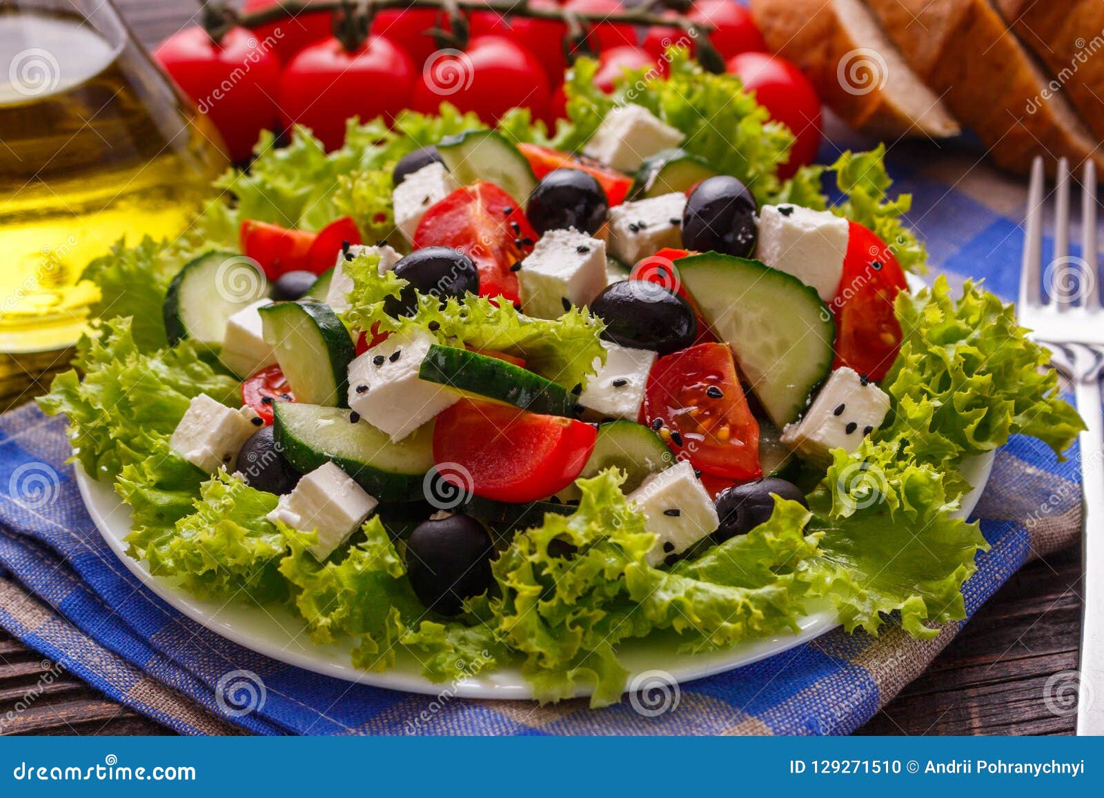 Greek Salad on a Wooden Rustic Background Stock Photo - Image of olive ...