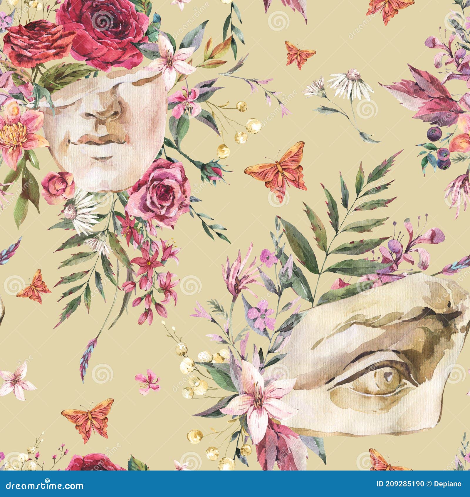 Greek Sculpture David Eye Seamless Pattern With Dry Flowers, Butterfly ...