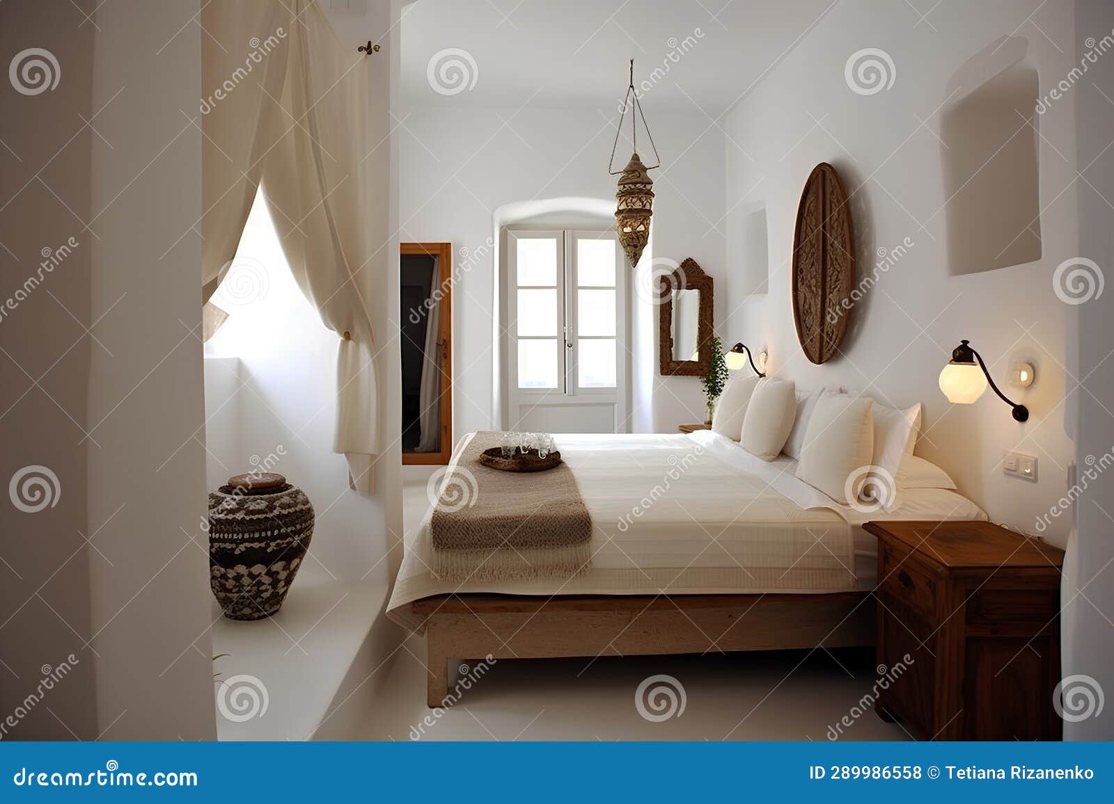 Greek Style Bedroom Interior with Modern Bed in Luxury House Stock ...