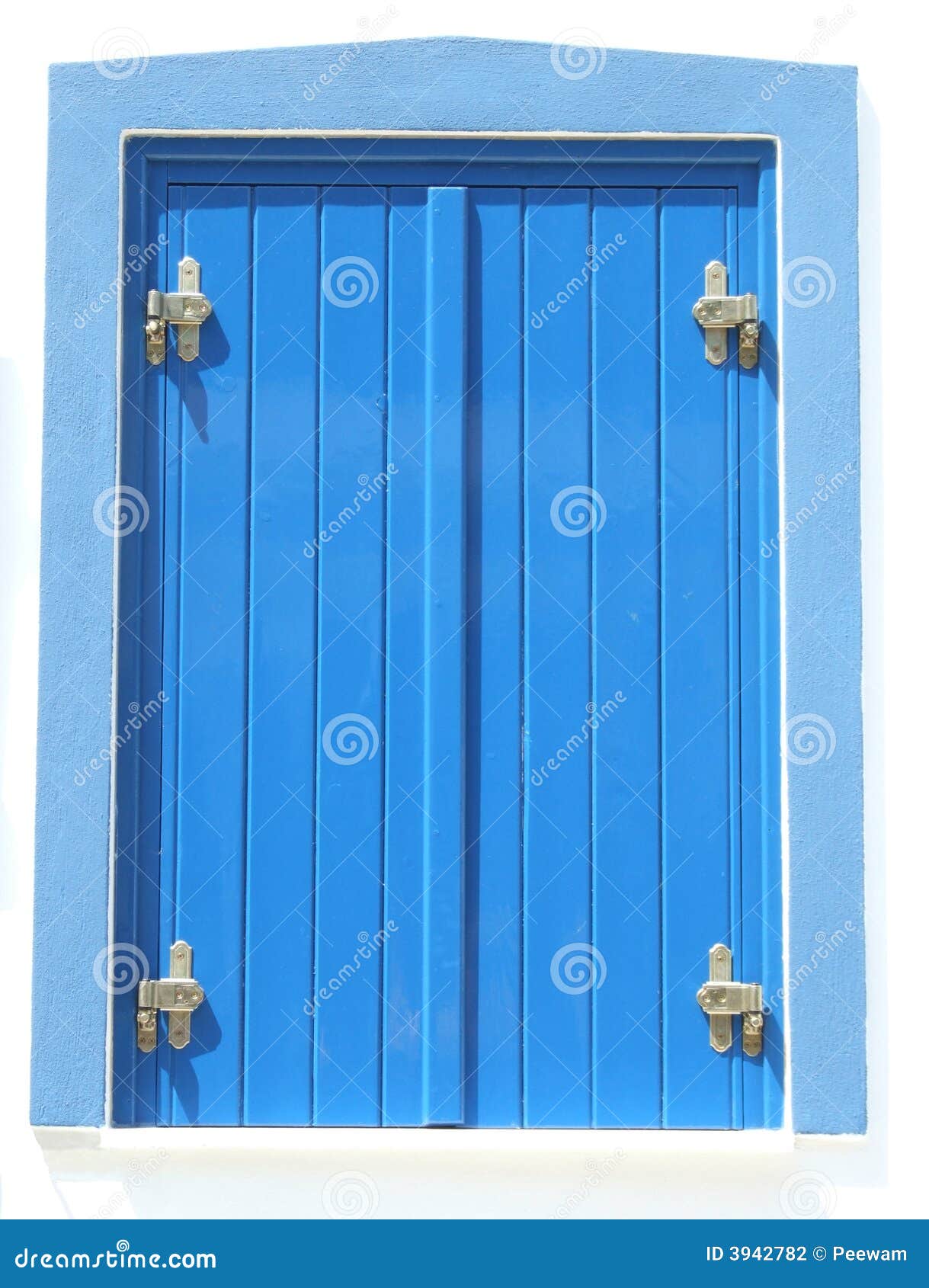 Blue Wooden Shuttered Window with Blue Frame and Whitewashed Greek Wall ...