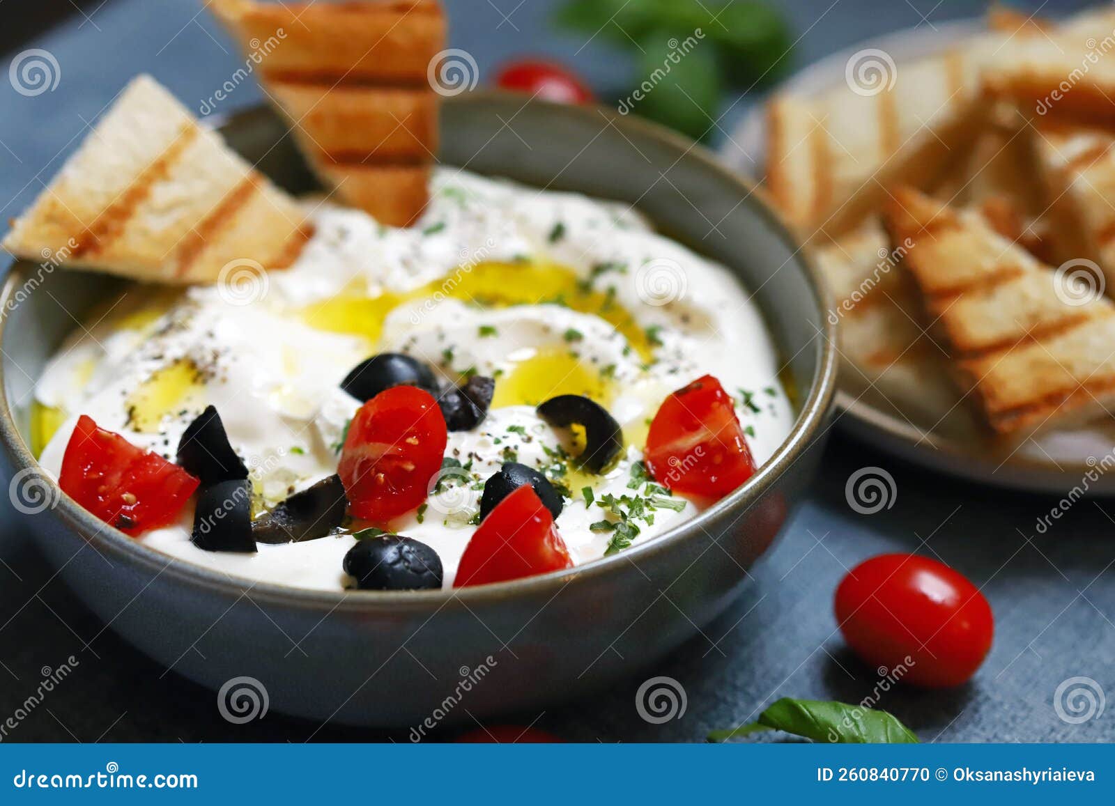 Greek Yogurt Dip with Olives and Croutons Stock Photo - Image of arabic ...