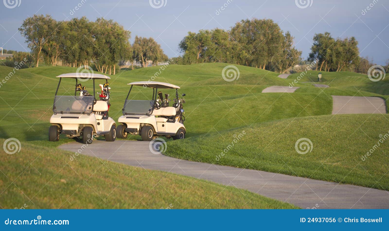 Town Golf Course Carts on Path Evening Sunset Stock Photo - Image of ...