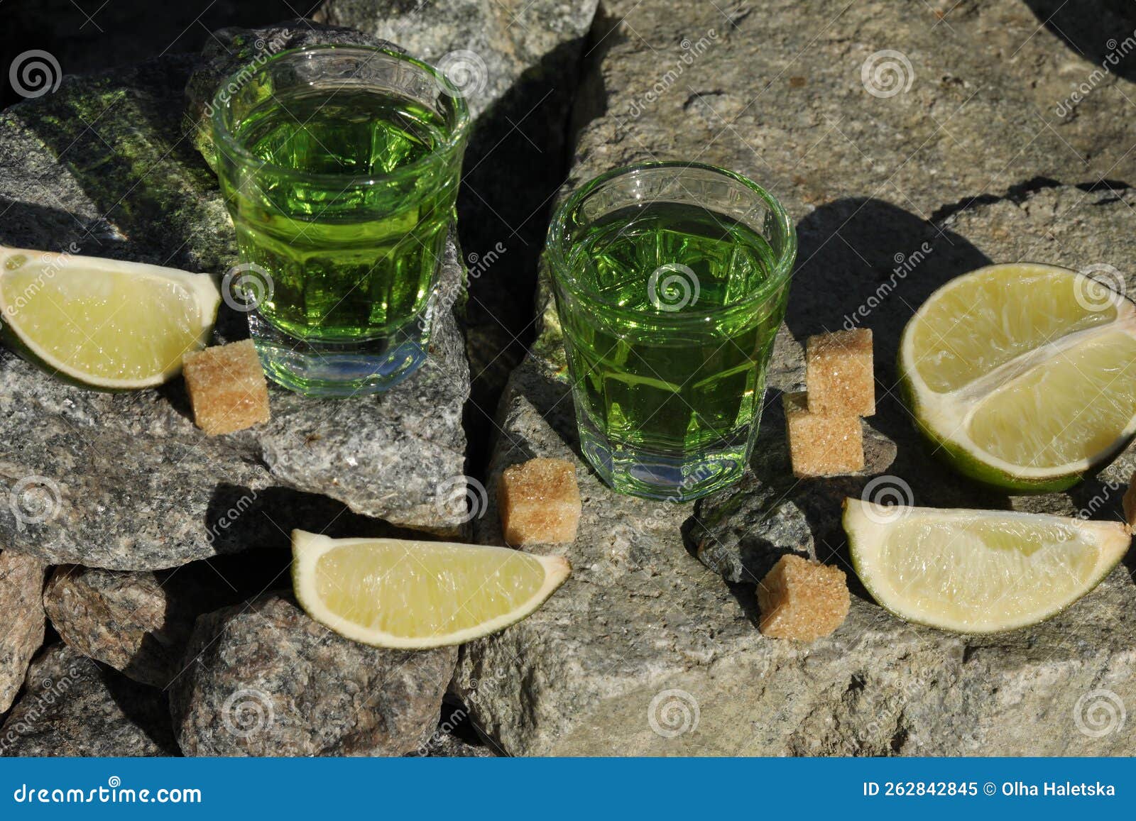 Green Absinthe Drink on the Black Background with Sugar and Lime Stock ...