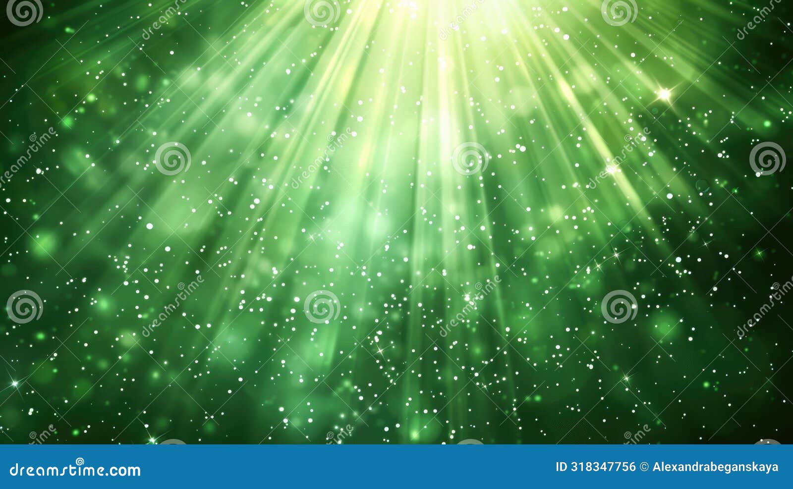 Green Abstract Light Rays with Particles on a Dark Background. Bright ...