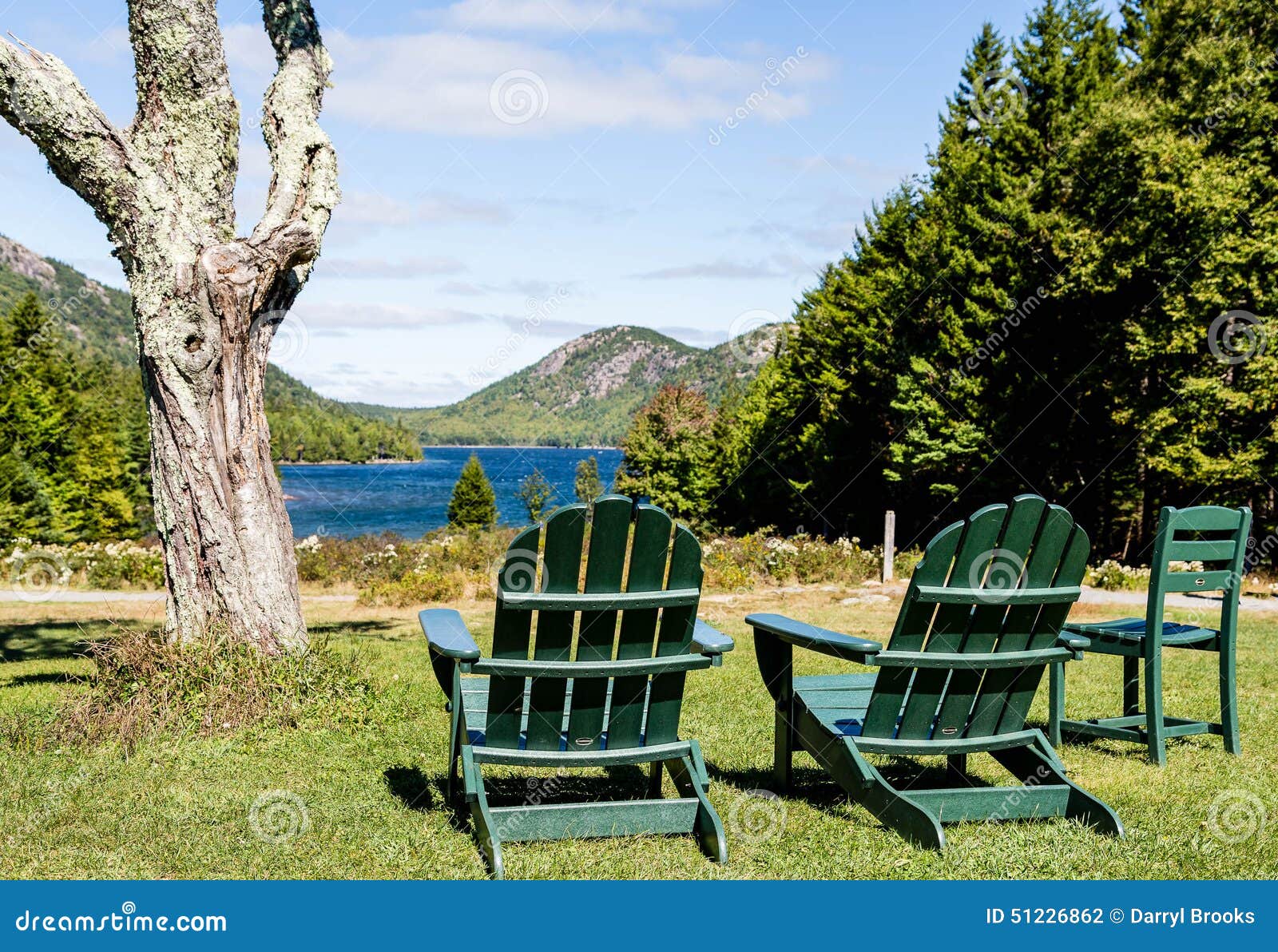 Green Adirondack Chairs Overlooking Lake Stock Photo - Image of garden ...