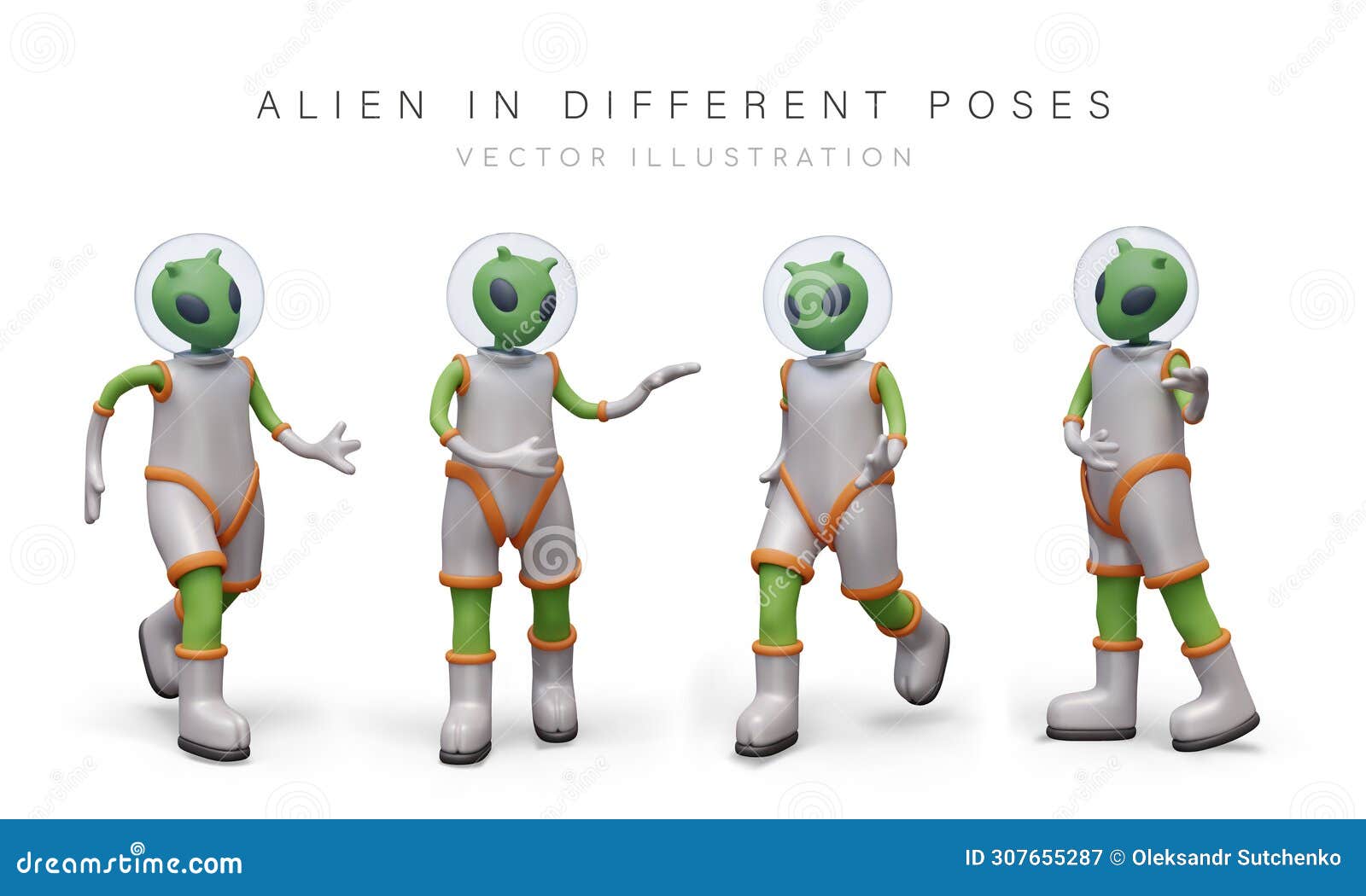 Green Alien in Different Poses. Realistic Colored Figures on White ...
