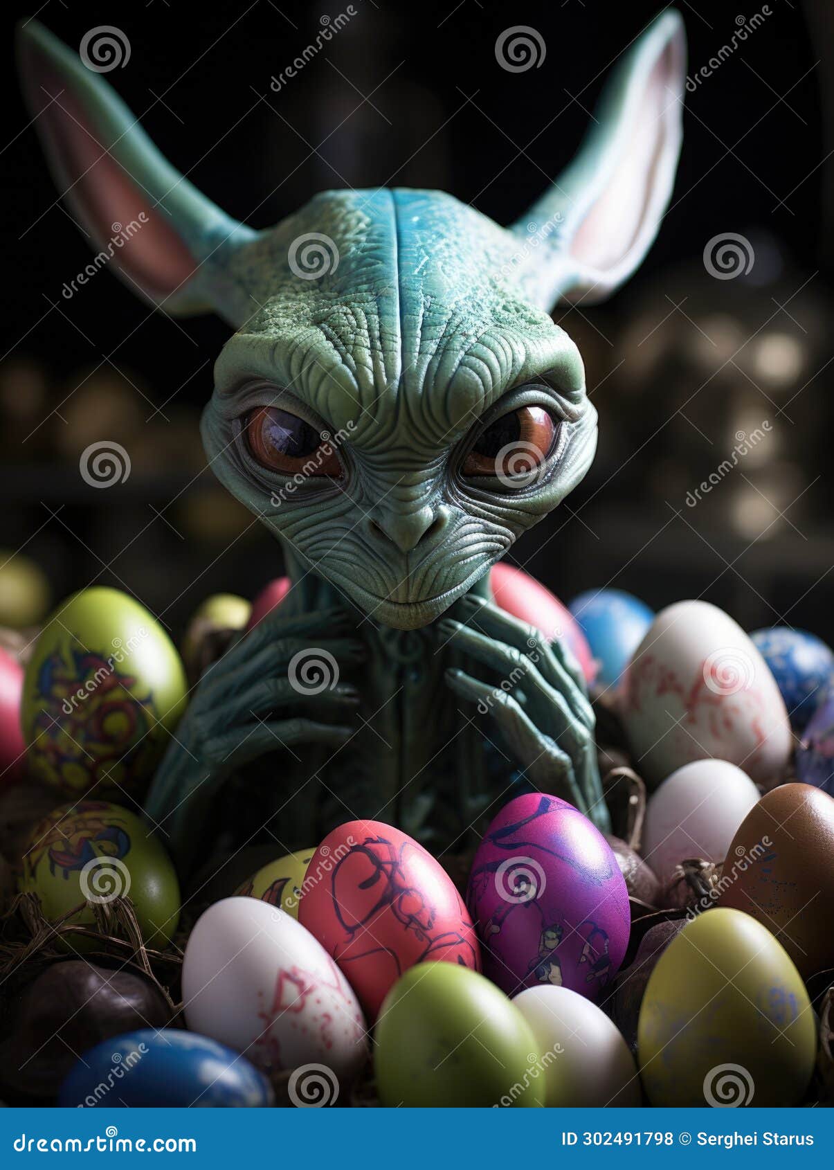 A Green Alien Sitting in a Pile of Colored Eggs, AI Stock Illustration ...