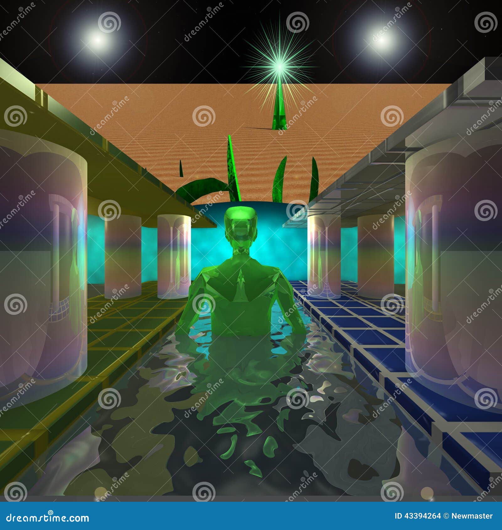 Green Alien is on the Water Corridor Stock Illustration - Illustration ...