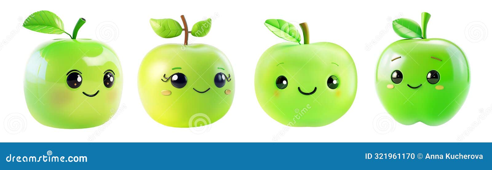 Green Apple Cartoon Style Characters Isolated on White Stock Photo ...