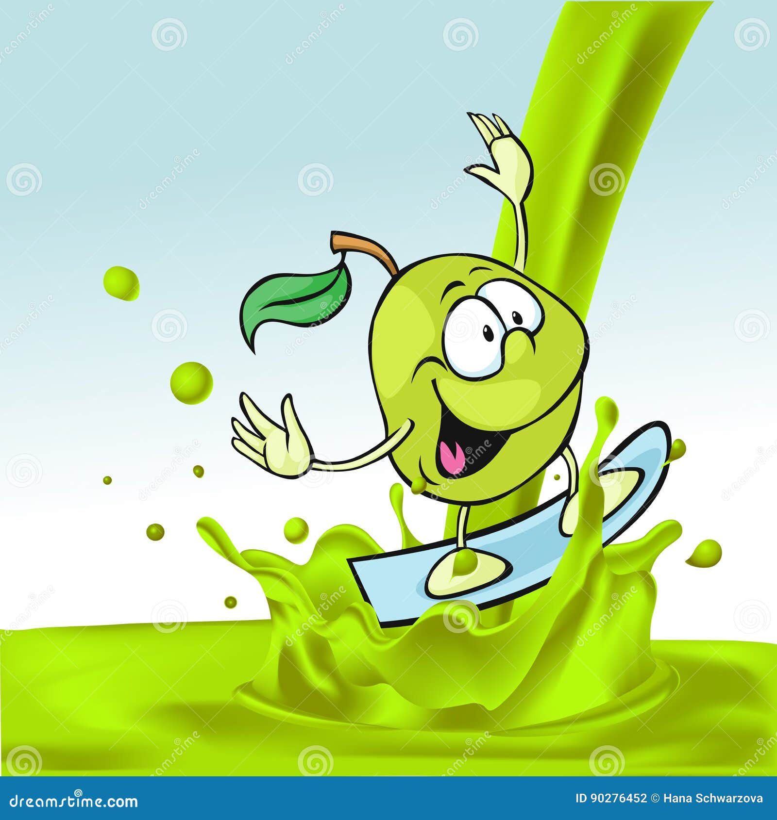 Green Apple Cartoon Surfing on Juice Splash - Vector Stock Vector ...