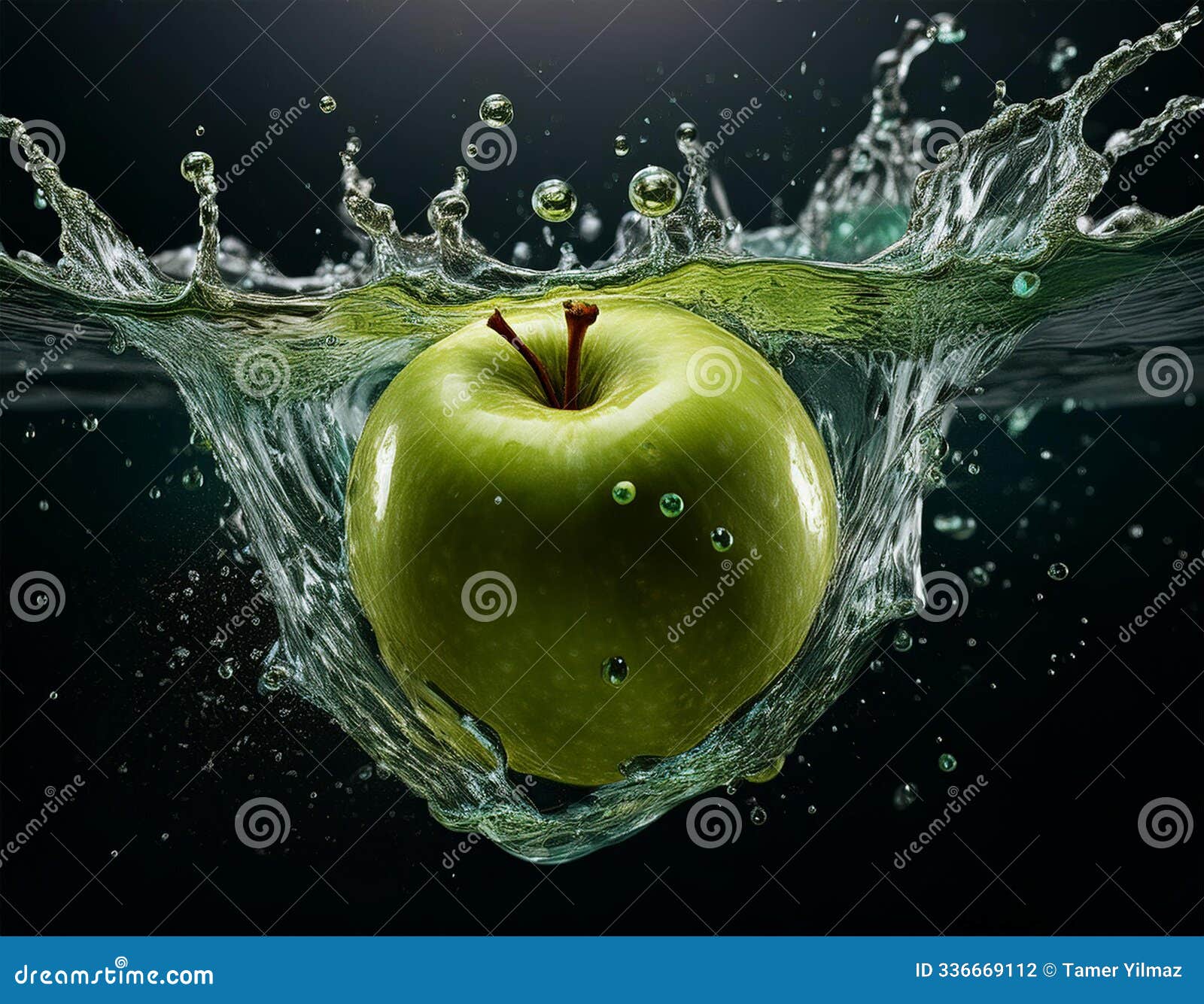 Green Apple Falling Into The Water And Causing A Hyper-realistic Splash ...