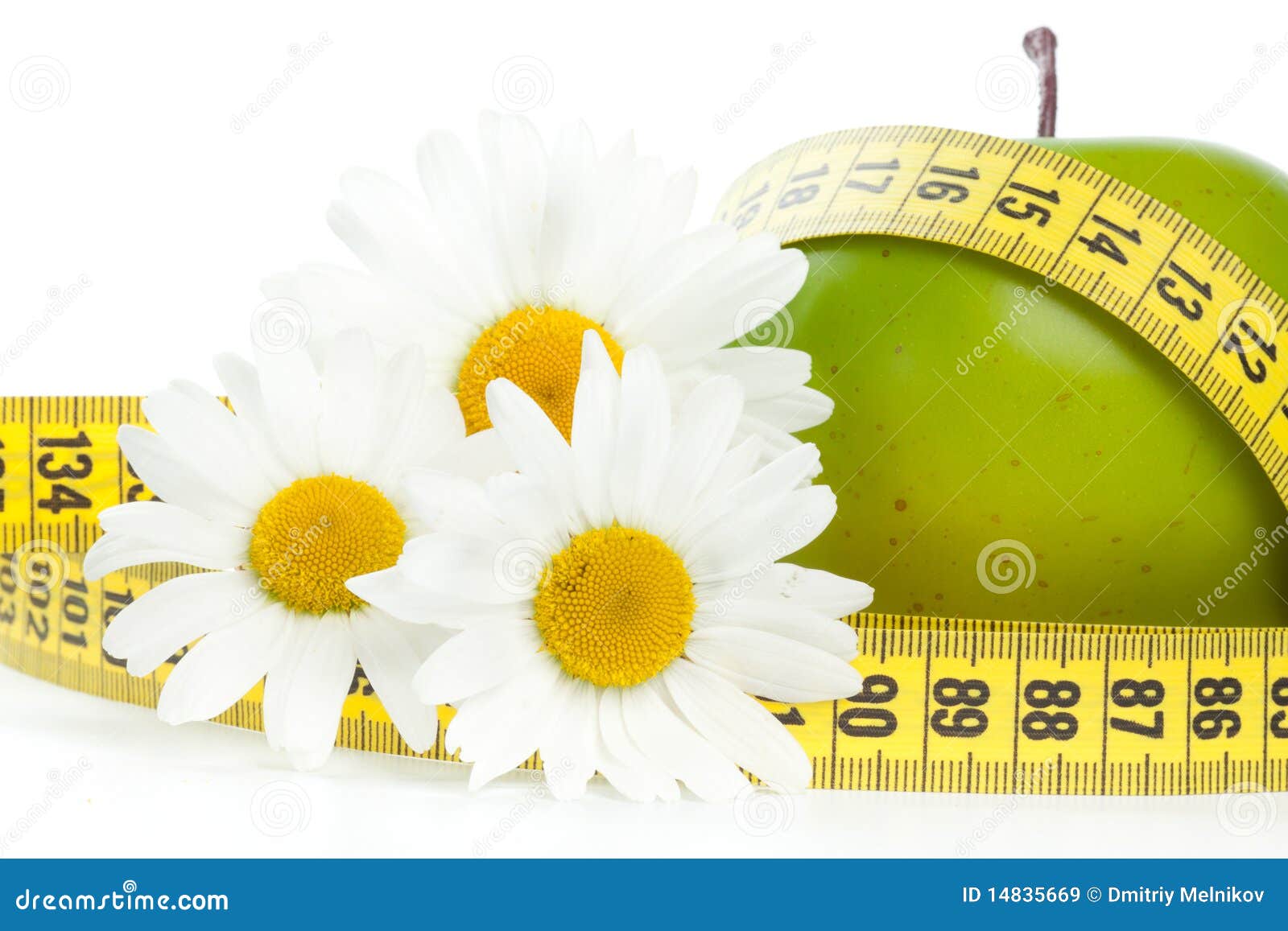 Green Apple, Flowers and Measuring Tape. Stock Image - Image of food ...