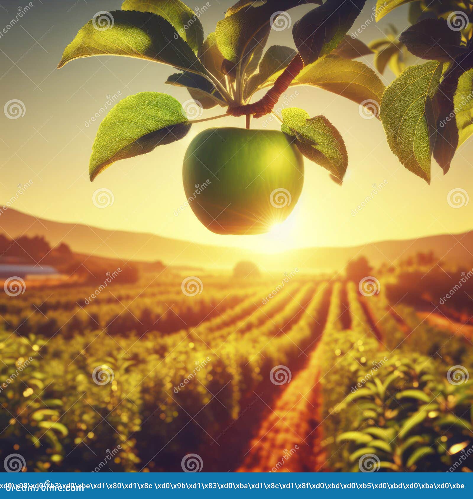 Green Apple Growing with the Sun in the Background. a Fruit and Farming ...
