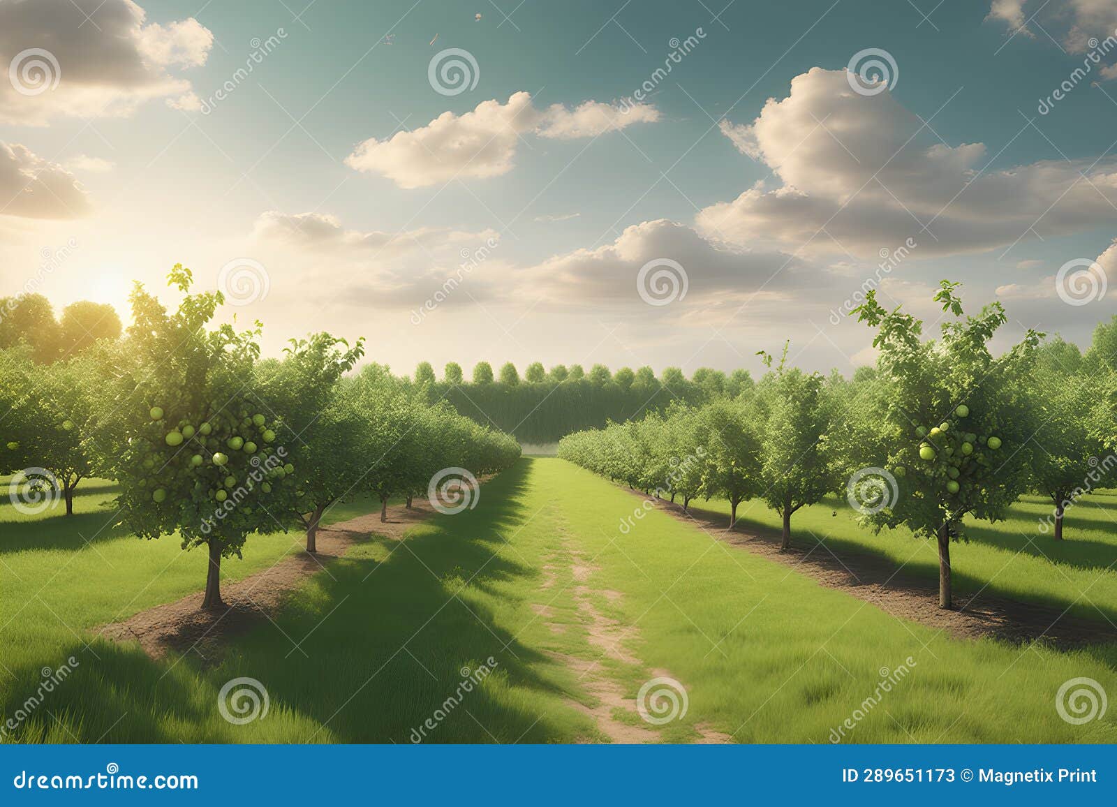 Green Apple Orchard Landscape with Rows of Trees Stock Illustration ...