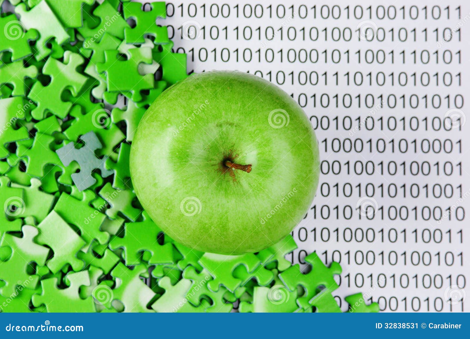 Green Apple and Puzzles on Binary Code Stock Image - Image of physics ...