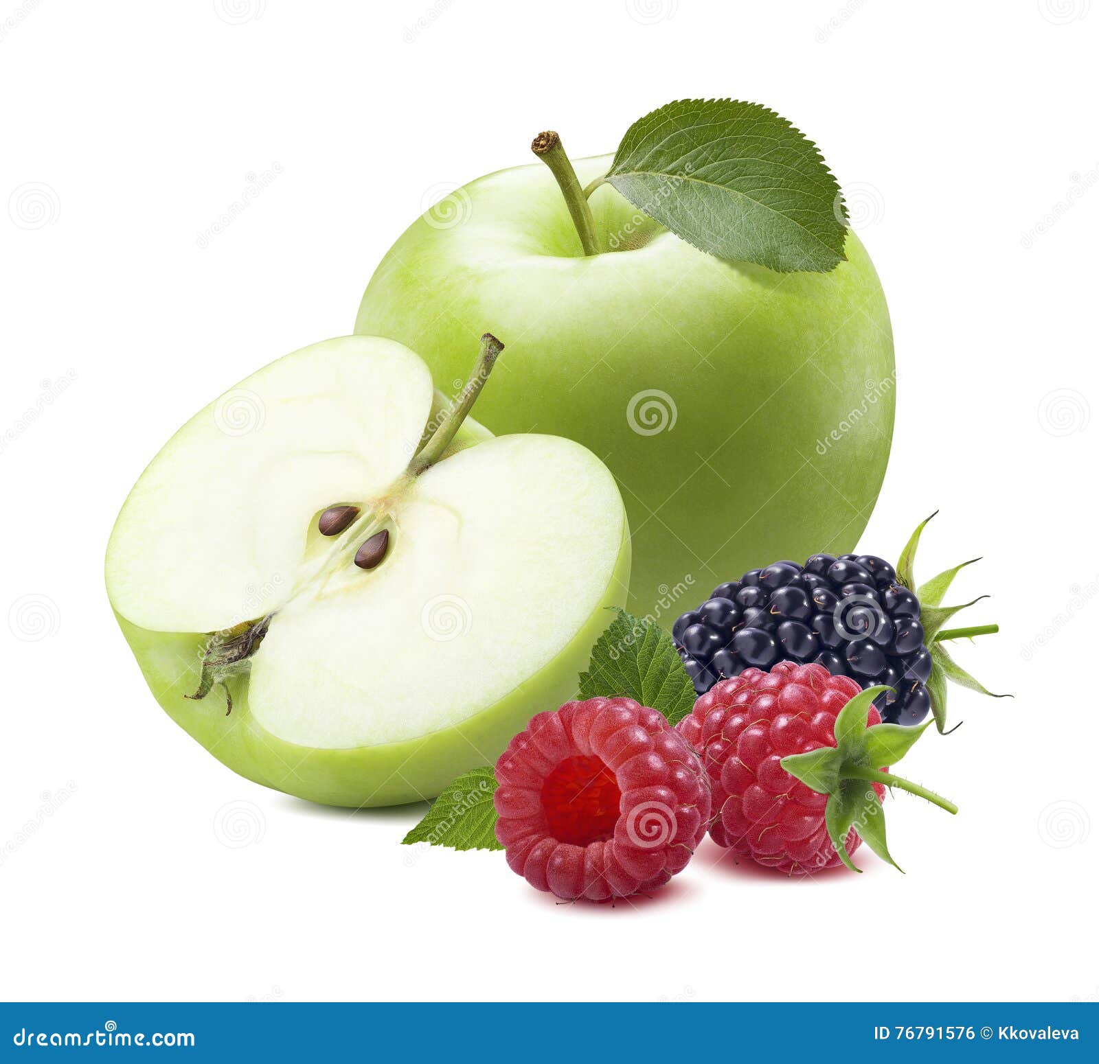 Green Apple Raspberry Blackberry Isolated On White Background Stock ...