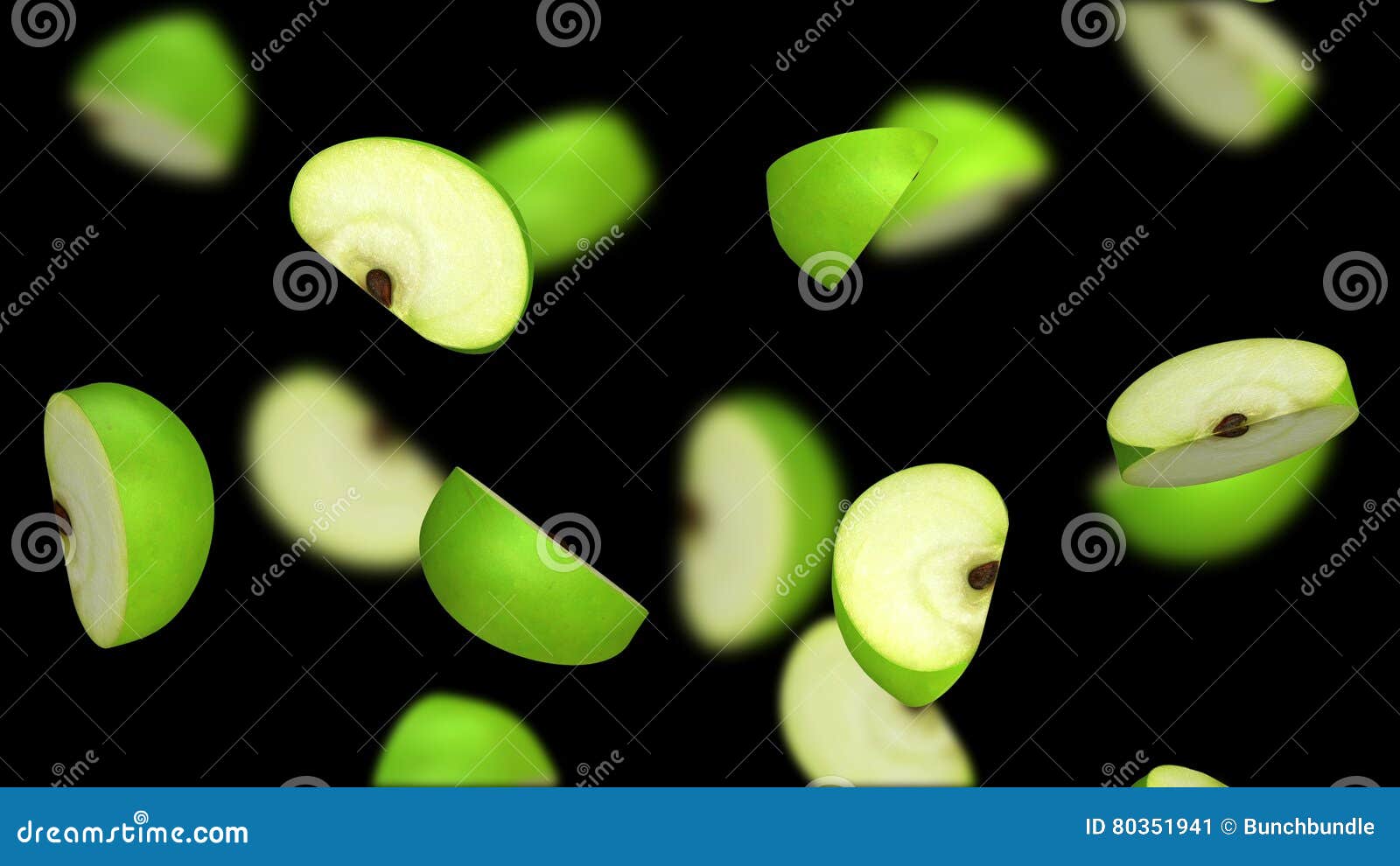 Green Apple Segments Falling on Black Background, 3d Illustration Stock ...