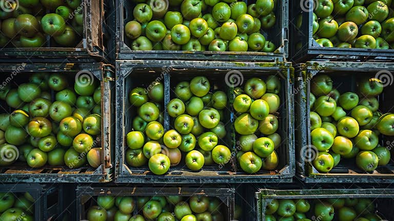 Green Apple Storage. Set of Apples in Boxes. Top View. Stock Image ...