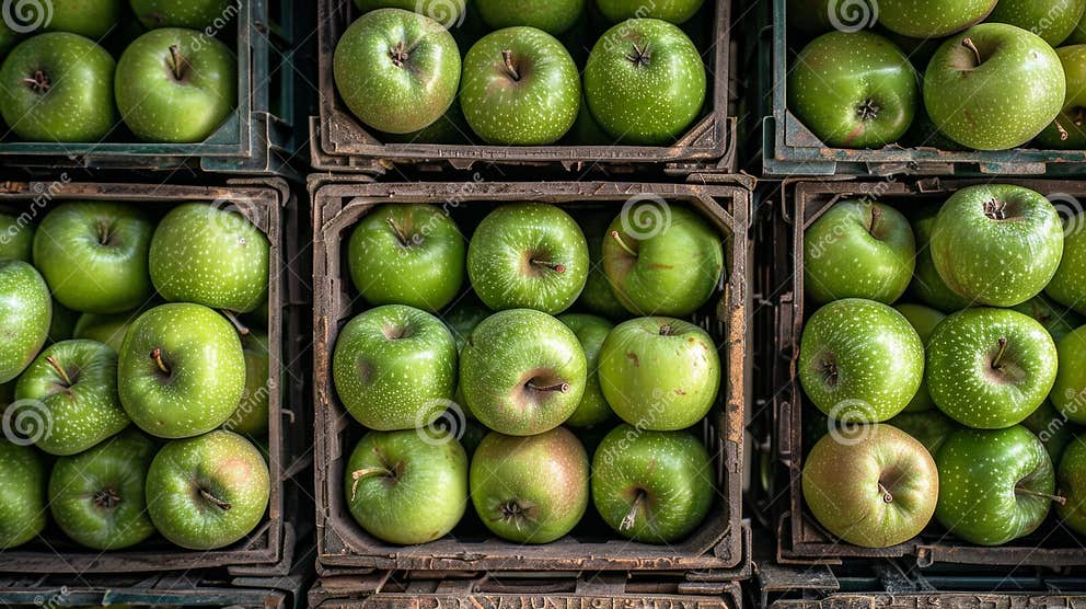 Green Apple Storage. Set of Apples in Boxes. Top View. Stock Photo ...